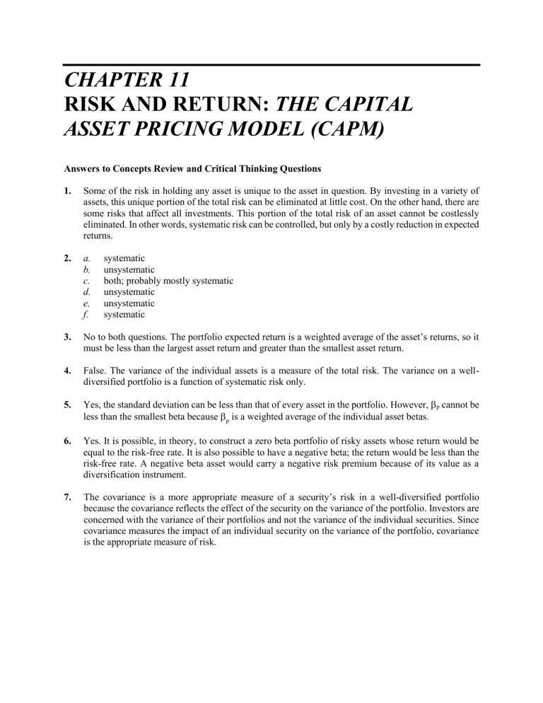 Chapter 11: Risk and Return - CAPM Answers
