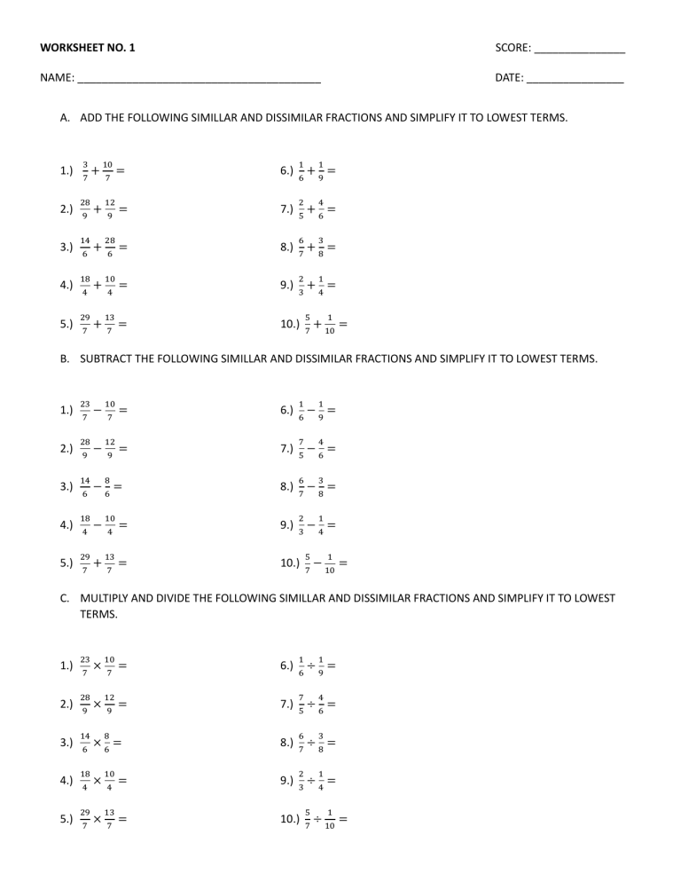 Fractions Worksheet: Add, Subtract, Multiply, Divide & Simplify