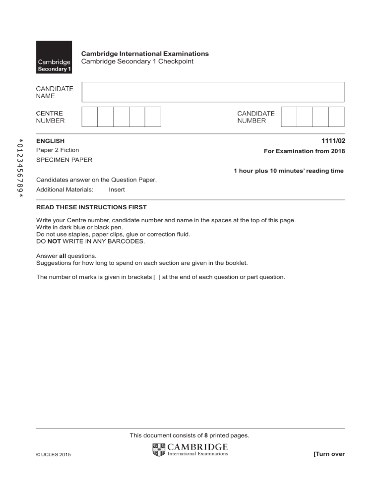 Cambridge Secondary 1 Checkpoint English Paper 2 Fiction Specimen Paper