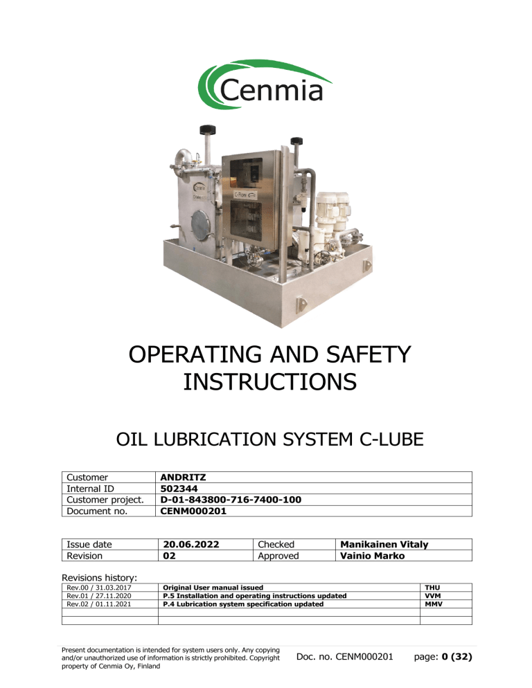 C-Lube Oil Lubrication System Operating & Safety Instructions Manual