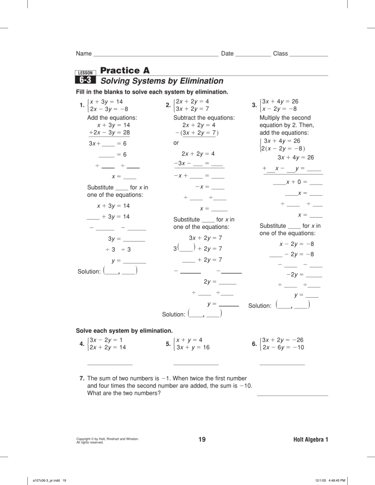 Holt Algebra 1 Practice A: Solving Systems by Elimination