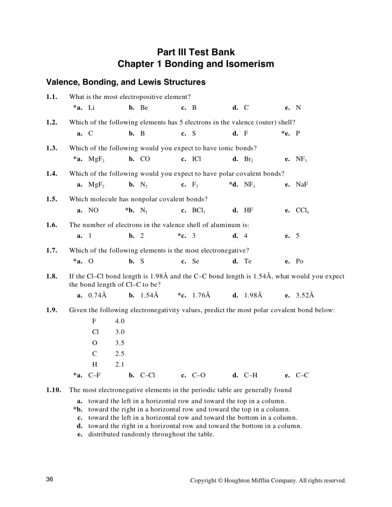 Chemistry Test Bank: Bonding & Isomerism Chapter 1