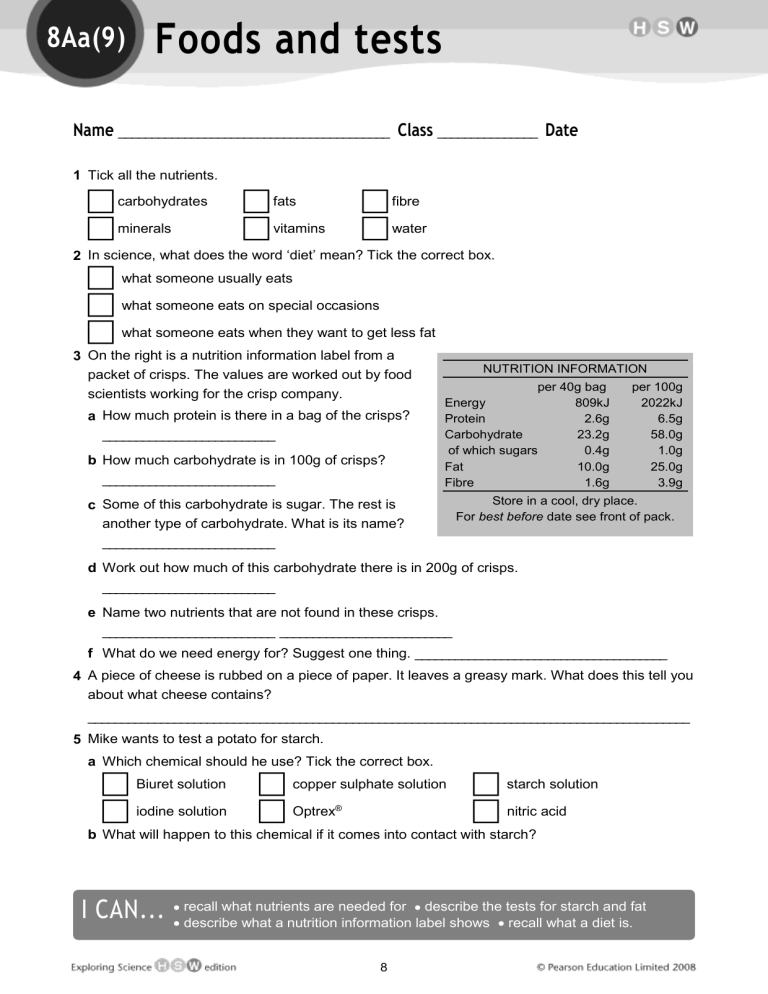 Foods and Tests Worksheet: Nutrients, Diet, Labels & Food Tests