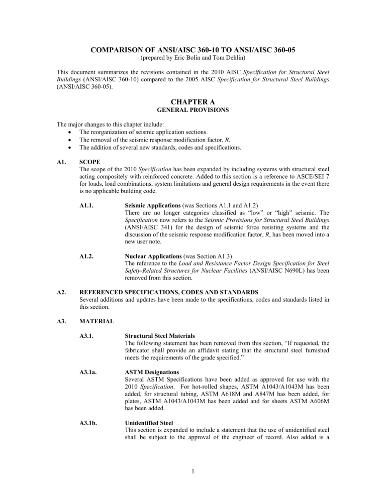 COMPARISON OF ANSI AISC 360 10 TO ANSI A
