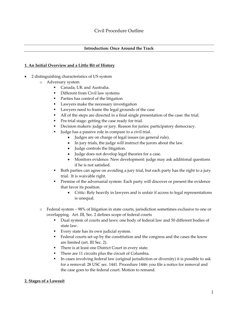 Civil Procedure Outline: US Legal System & Lawsuit Stages Explained