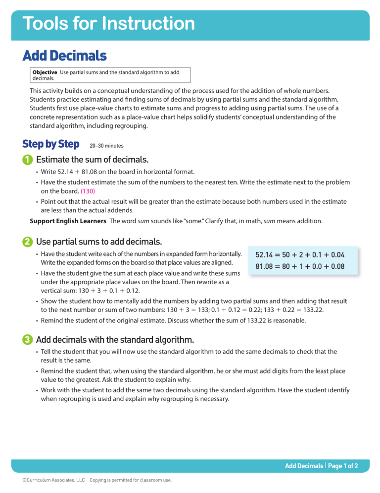Add Decimals: Partial Sums & Standard Algorithm