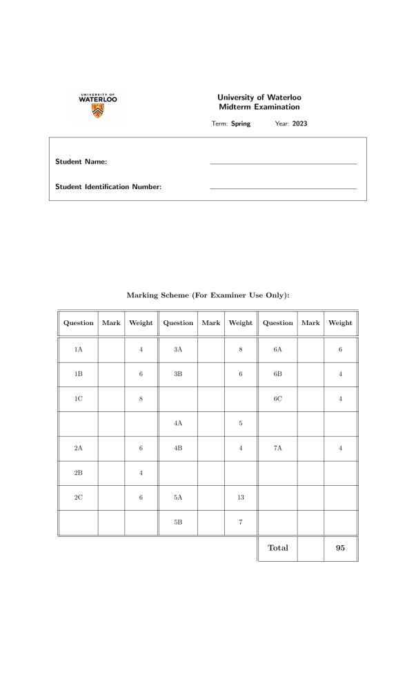 University of Waterloo ECE 124 Midterm Exam Spring 2023