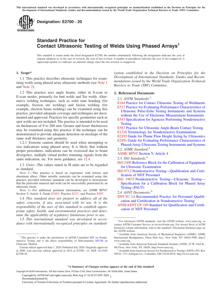 E2700-20: Phased Array Ultrasonic Testing of Welds Standard Practice