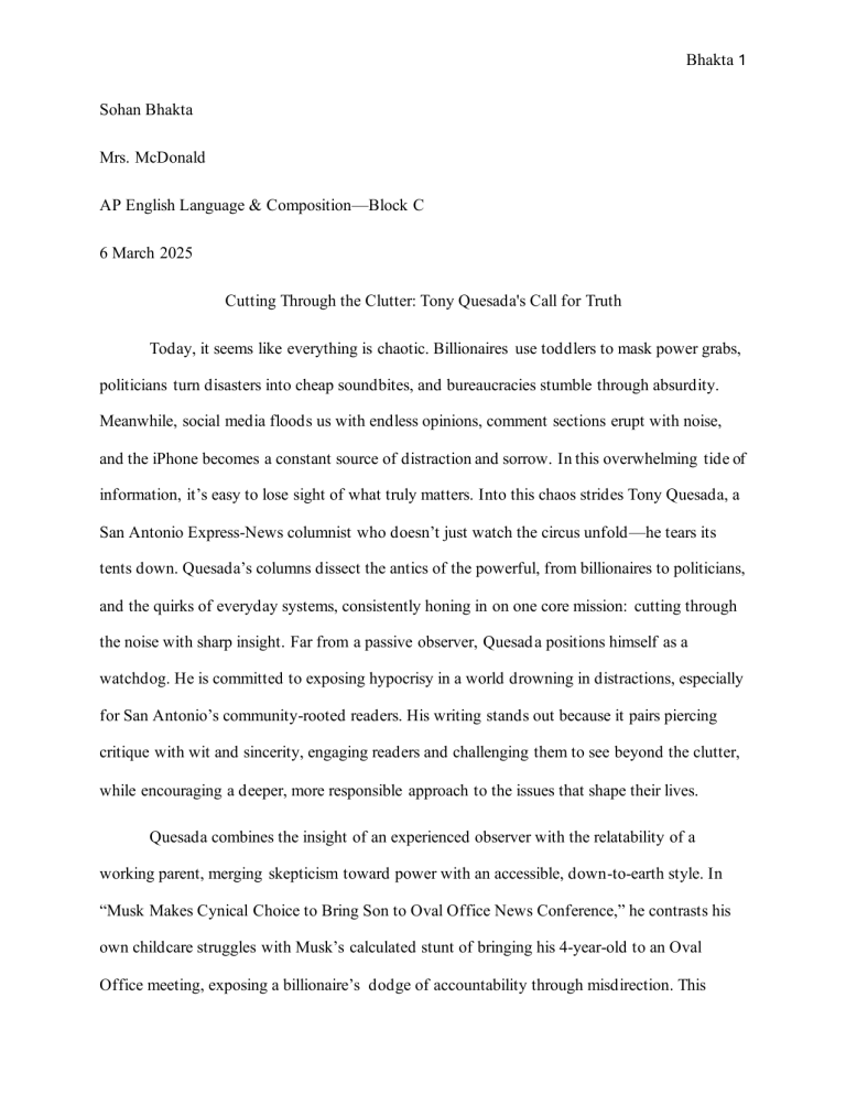 Tony Quesada's Rhetorical Analysis: Cutting Through the Clutter
