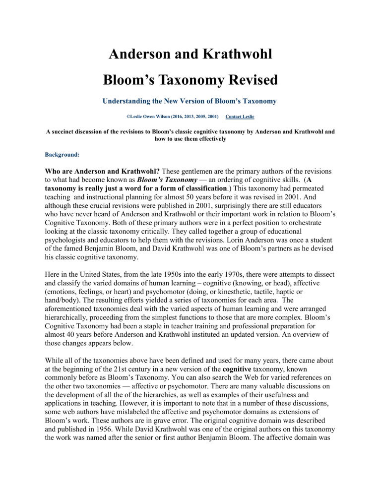 Anderson & Krathwohl: Revised Bloom’s Taxonomy Guide