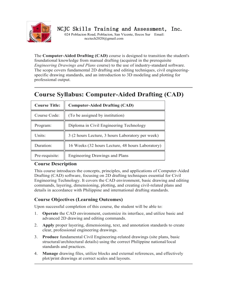 Computer-Aided Drafting (CAD) Course Syllabus