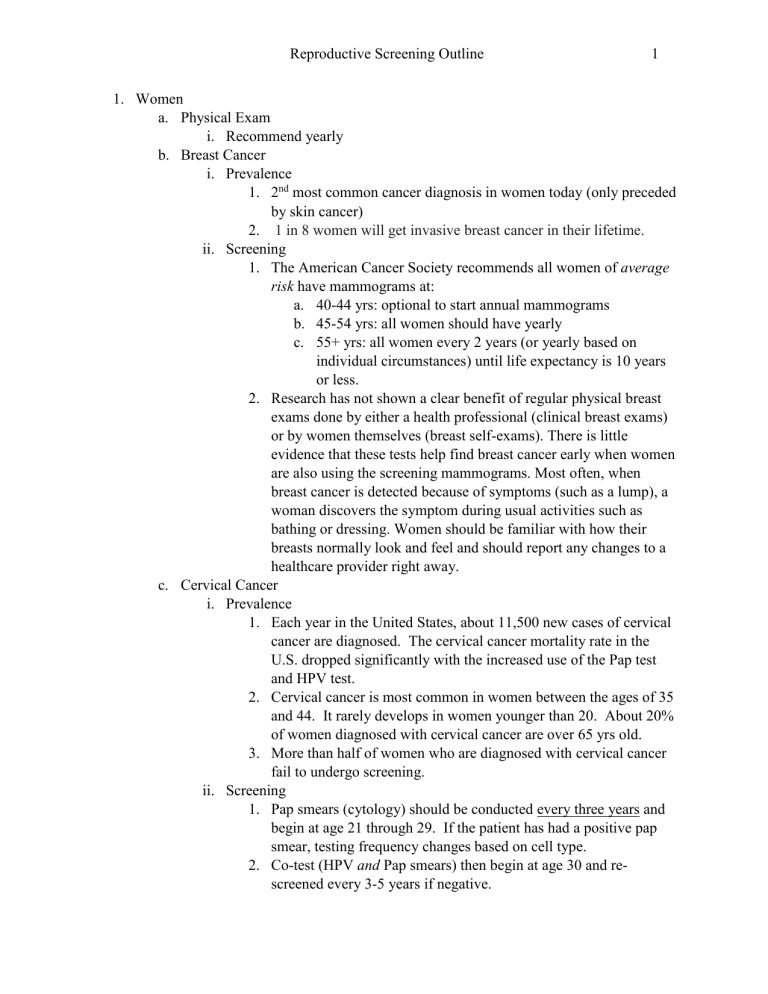 Reproductive & Cancer Screening Outline: Women's & Men's Health Guidelines