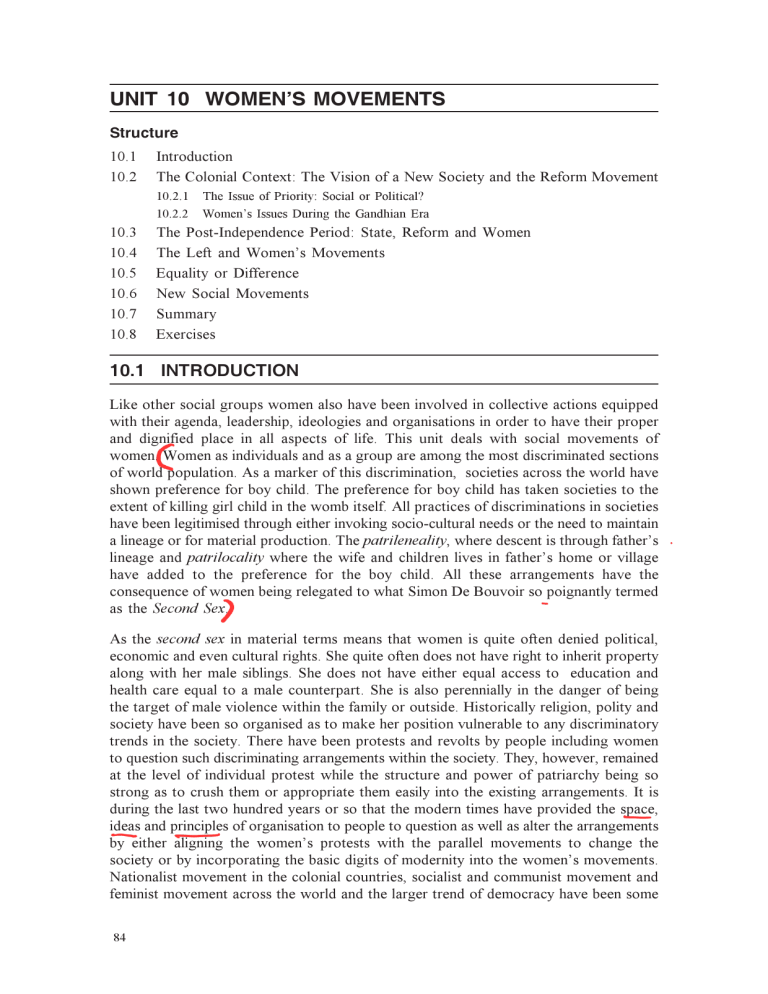 Women's Movements in India: Unit 10 Textbook