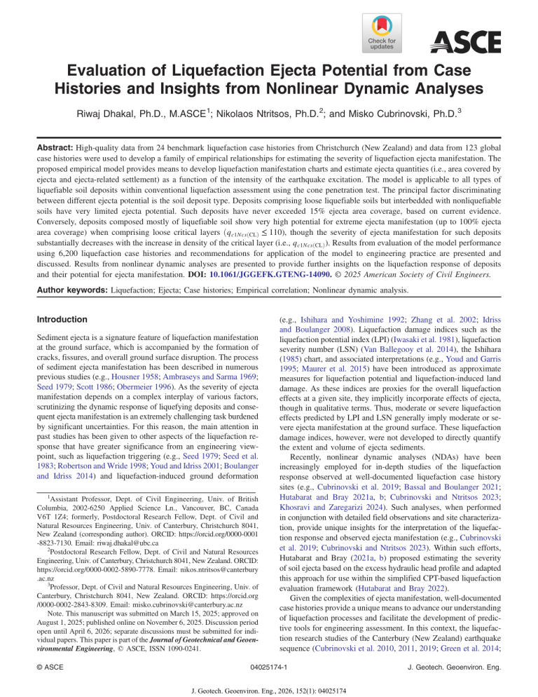 Liquefaction Ejecta Potential: Case Histories & Nonlinear Dynamic Analyses