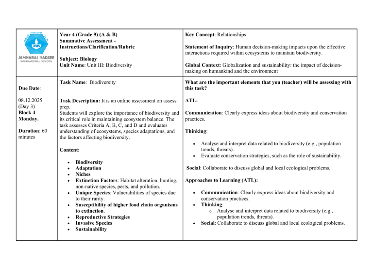Grade 9 Biology Biodiversity Assessment Rubric - Jamnabai Narsee School