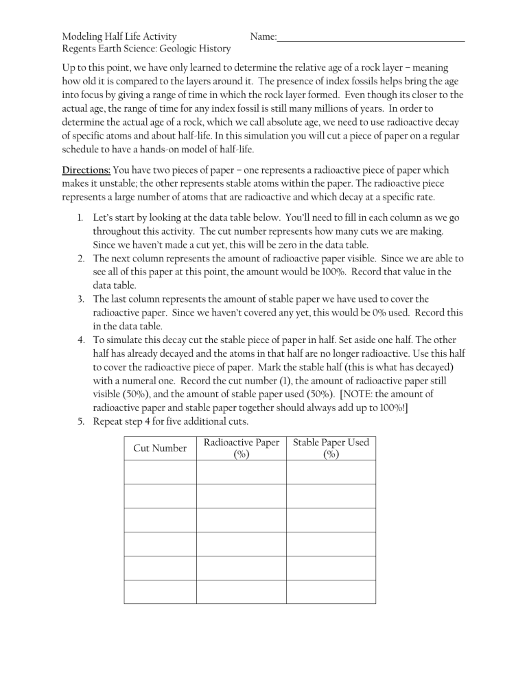 Modeling Half Life Activity Worksheet