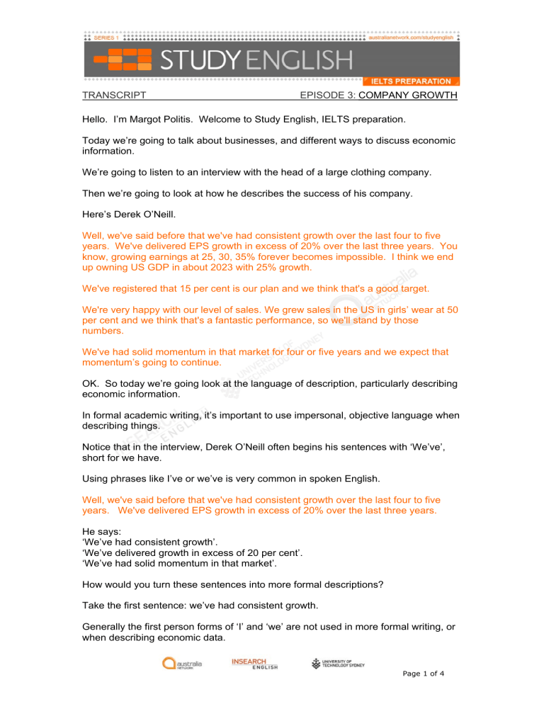 Study English IELTS: Company Growth Transcript