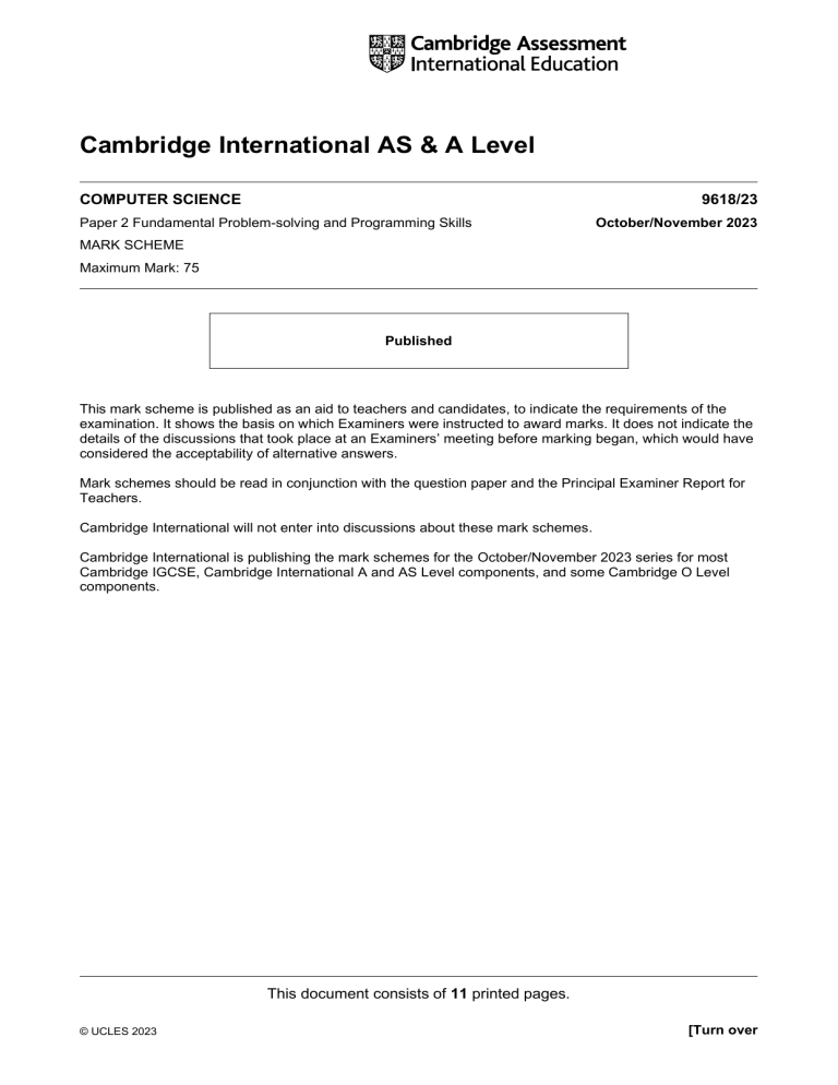 Cambridge AS & A Level Computer Science 9618/23 Mark Scheme Oct/Nov 2023