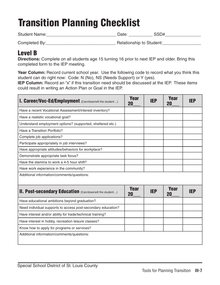 Transition Planning Checklist for Special Education