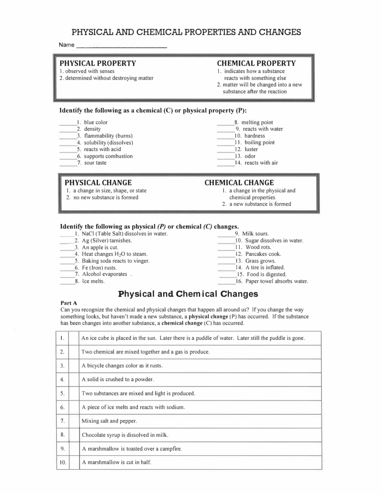 Physical and Chemical Properties and Changes Worksheet