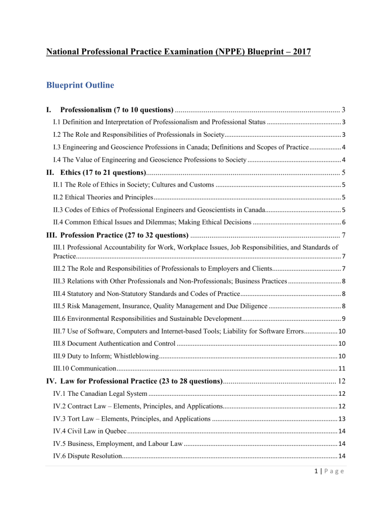 NPPE Blueprint 2017: Professional Practice Exam Outline