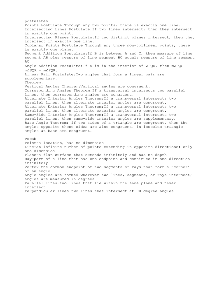 Geometry Postulates, Theorems, and Vocabulary Reference Guide