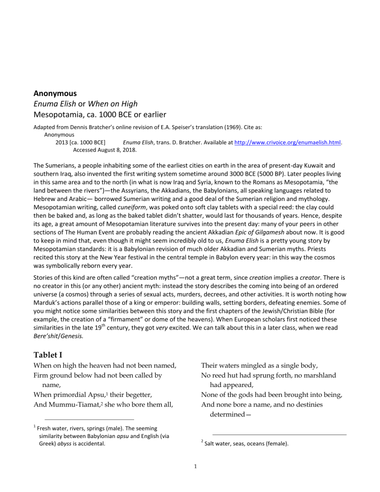 Enuma Elish: Babylonian Creation Myth