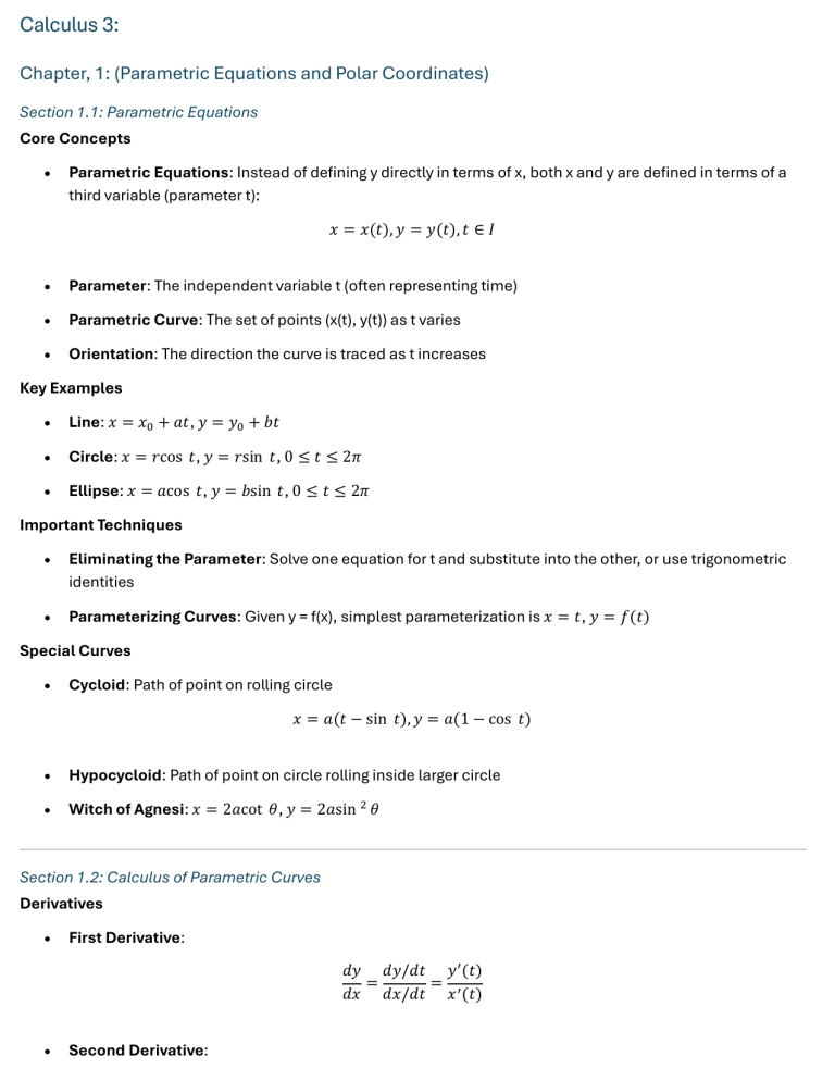 Calculus 3: Parametric Equations, Polar Coordinates & Vectors Summary