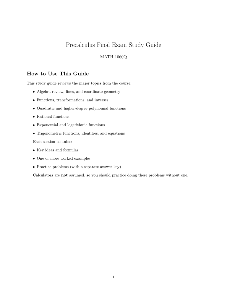Precalculus Final Exam Study Guide MATH 1060Q