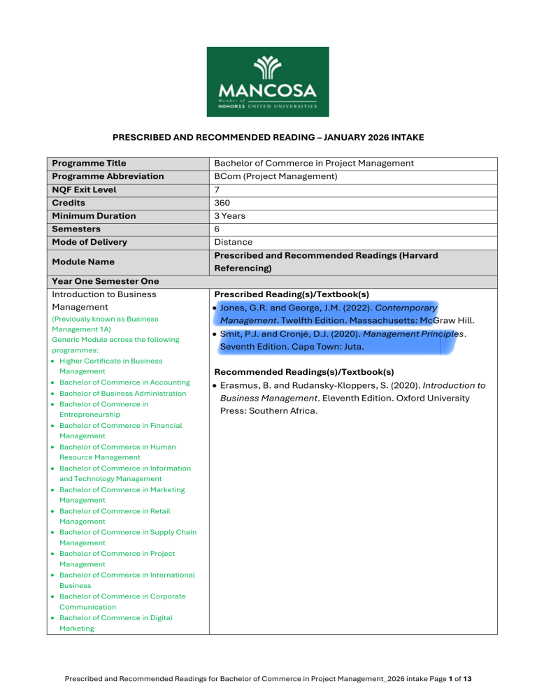 MANCOSA BCom Project Management Reading List 2026