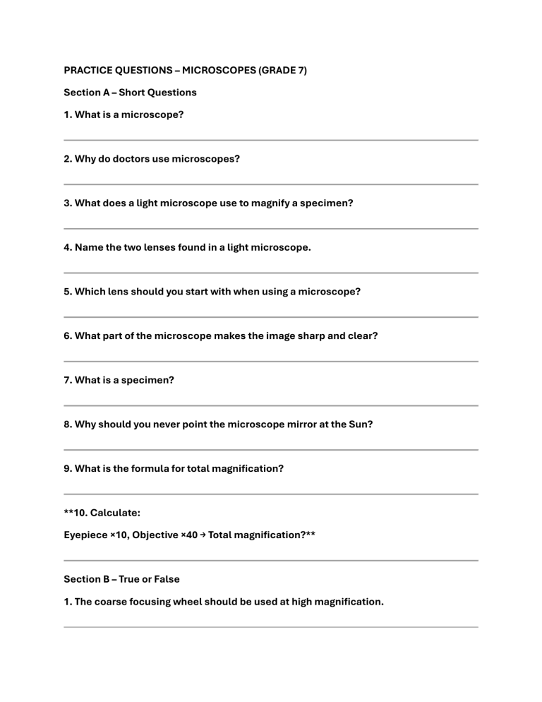 Grade 7 Microscopes Practice Questions | Science Worksheet