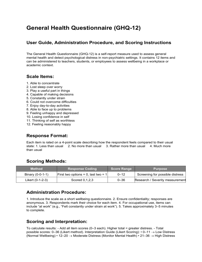 GHQ-12 User Guide: Admin & Scoring Instructions