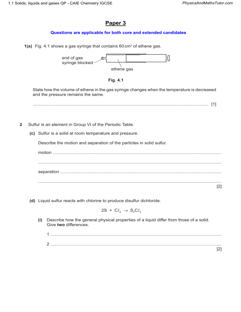 CAIE IGCSE Chemistry Paper 3: Solids, Liquids, Gases