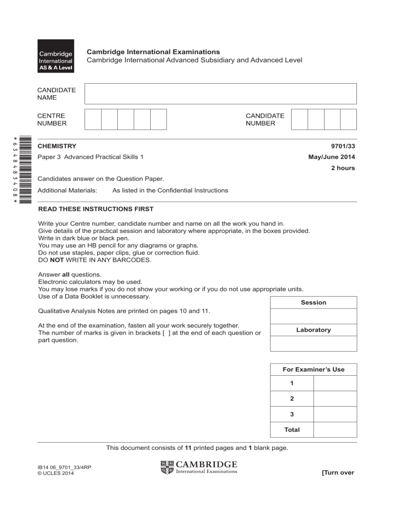 Cambridge Chemistry A Level Practical Skills Exam Paper 2014