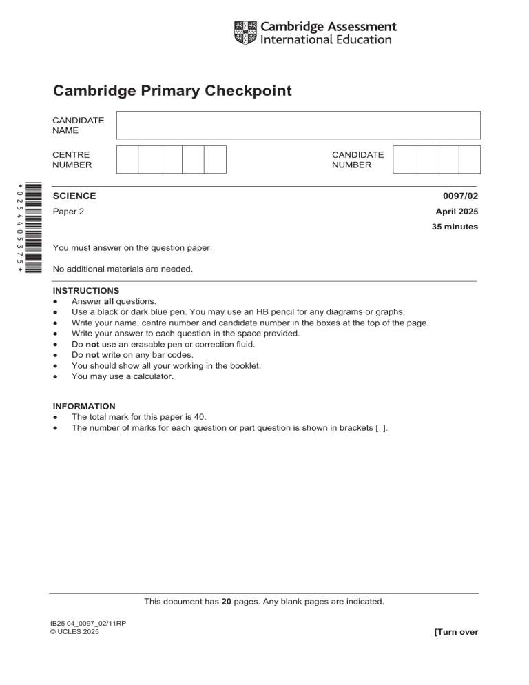 Cambridge Primary Science Checkpoint Paper 2025