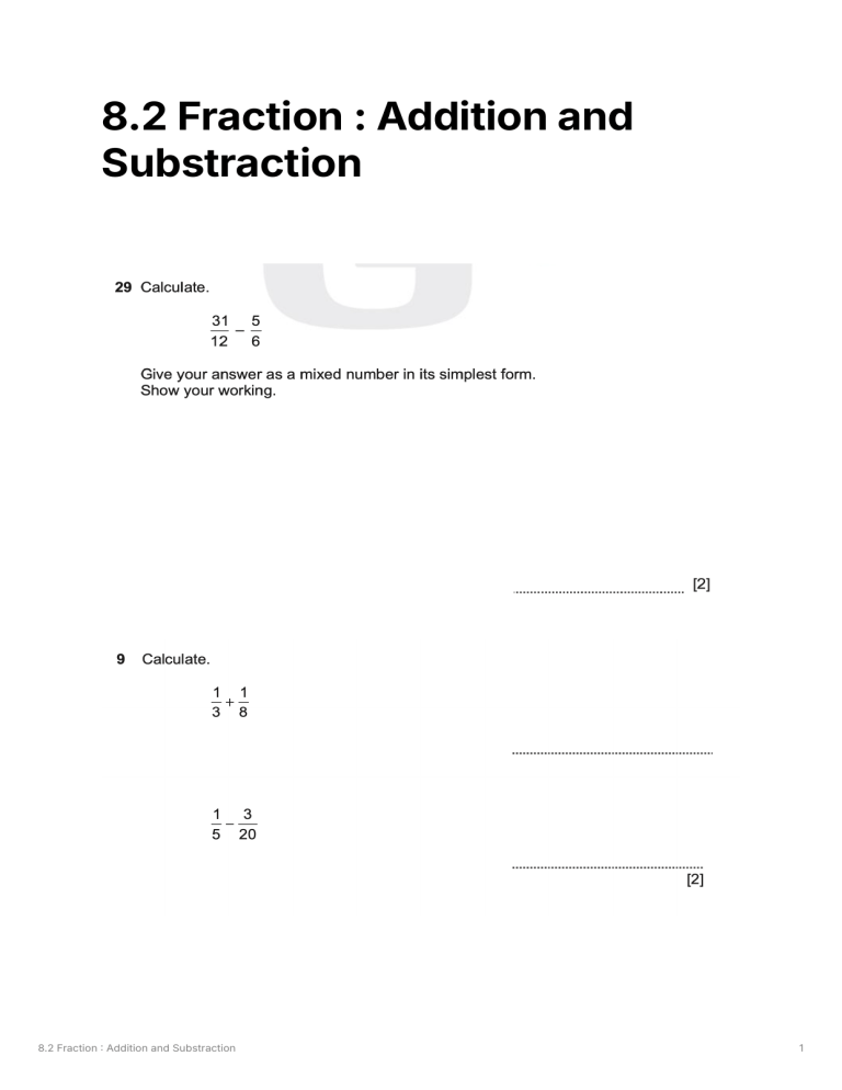 Fraction Addition and Subtraction Worksheet