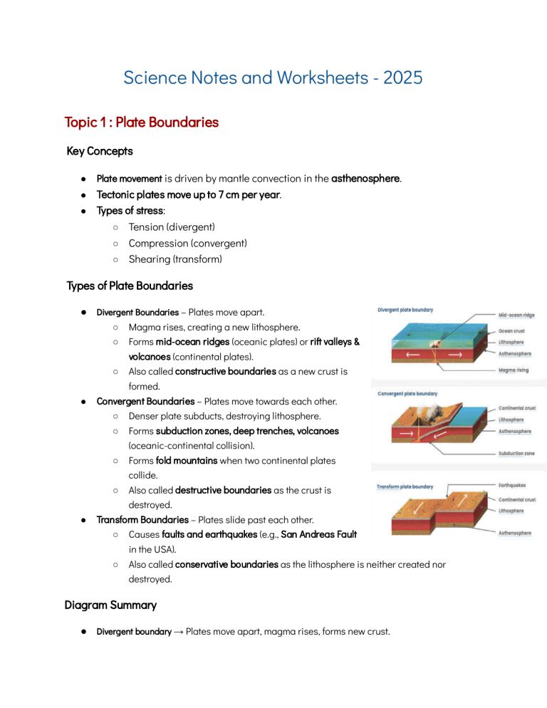 Science Notes & Worksheets: Plate Boundaries, Earthquakes, Evolution