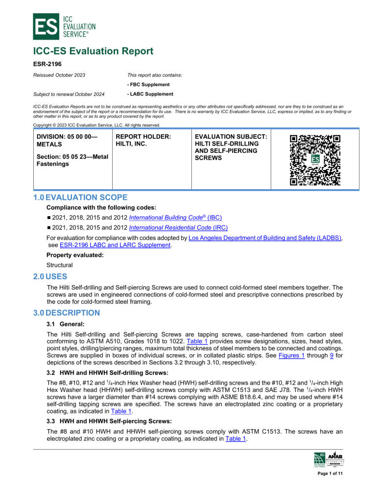 Hilti Self-Drilling & Self-Piercing Screws: ICC-ES Evaluation Report ...