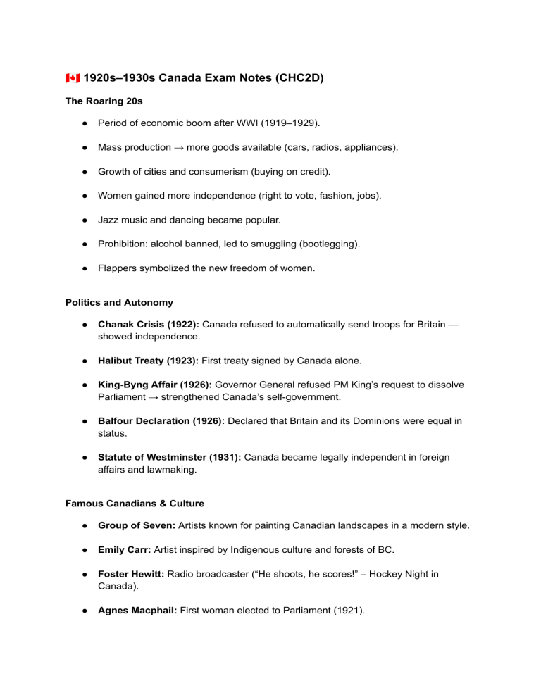 1920s-1930s Canada Exam Notes: Roaring 20s & Great Depression (CHC2D)