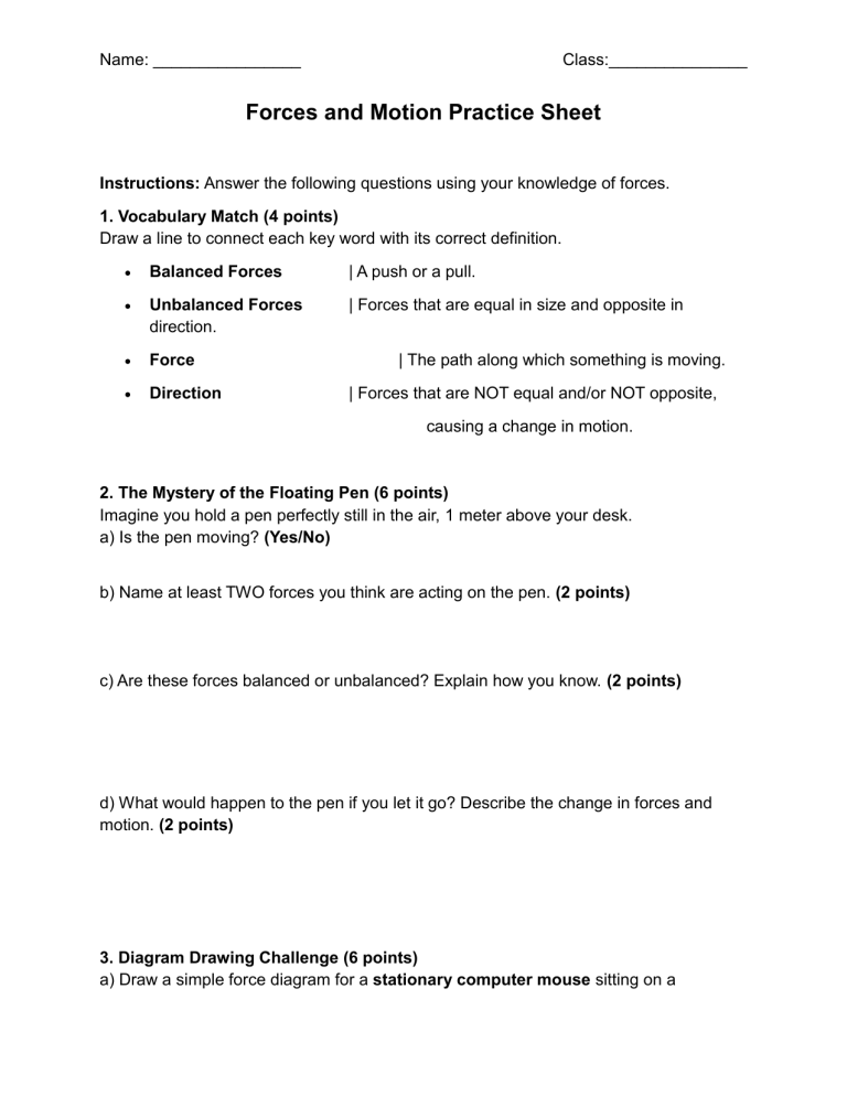Forces and Motion Practice Sheet | Physics Worksheet for Students