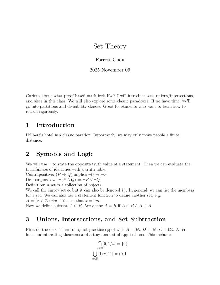 Introduction to Set Theory Course Notes