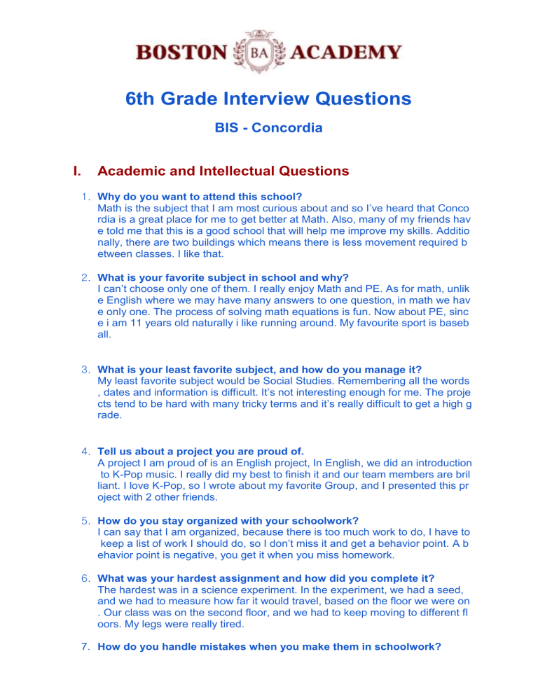 6th Grade Interview Questions for Boston Academy