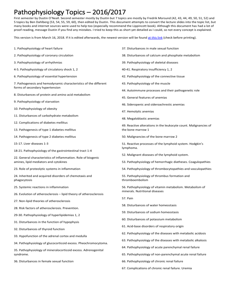 Pathophysiology Topics 2016/2017 Lecture Notes