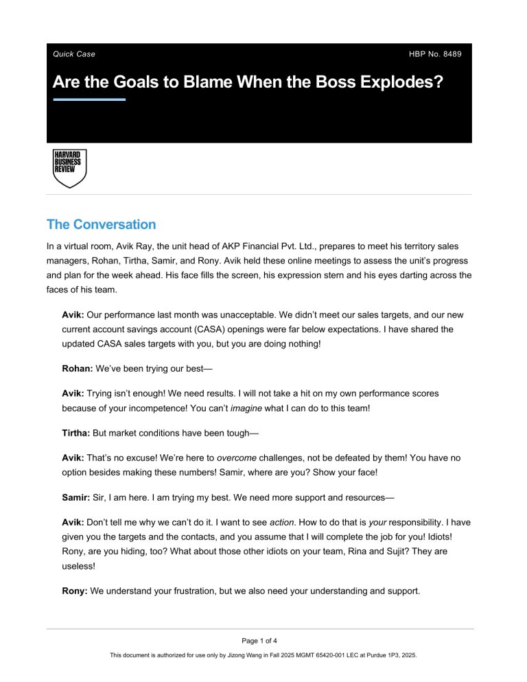 HBR Quick Case: Boss Explodes Over Sales Targets & HR Response