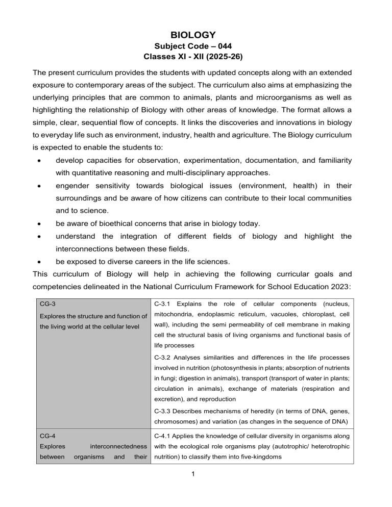 Biology Curriculum 2025-26: Class 11 & 12 Syllabus (Code 044)