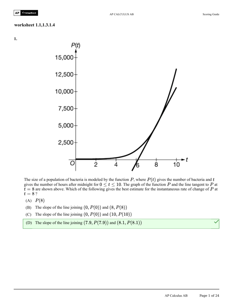 AP Calculus AB Worksheet 1.1, 1.3, 1.4 Scoring Guide - Limits & Rates