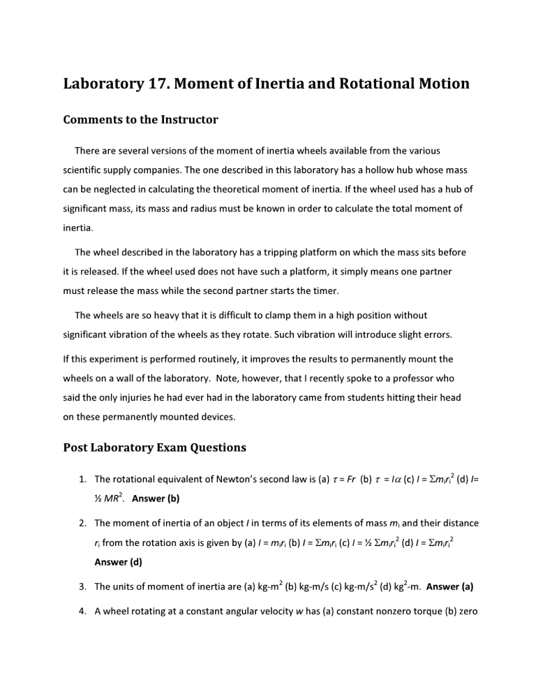 Laboratory 17: Moment of Inertia & Rotational Motion Physics Lab