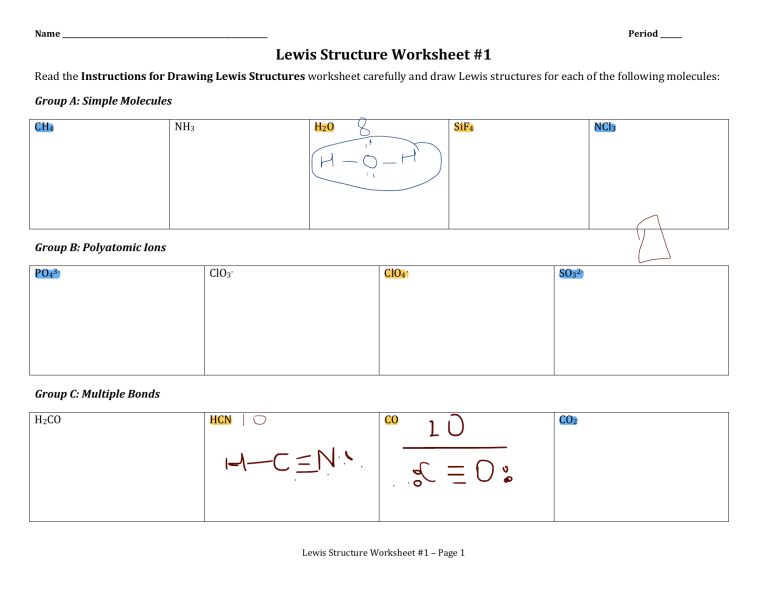 Lewis Structure Worksheet 1, 2, and 3