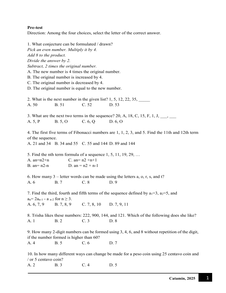 Mathematical Reasoning Pre-Test