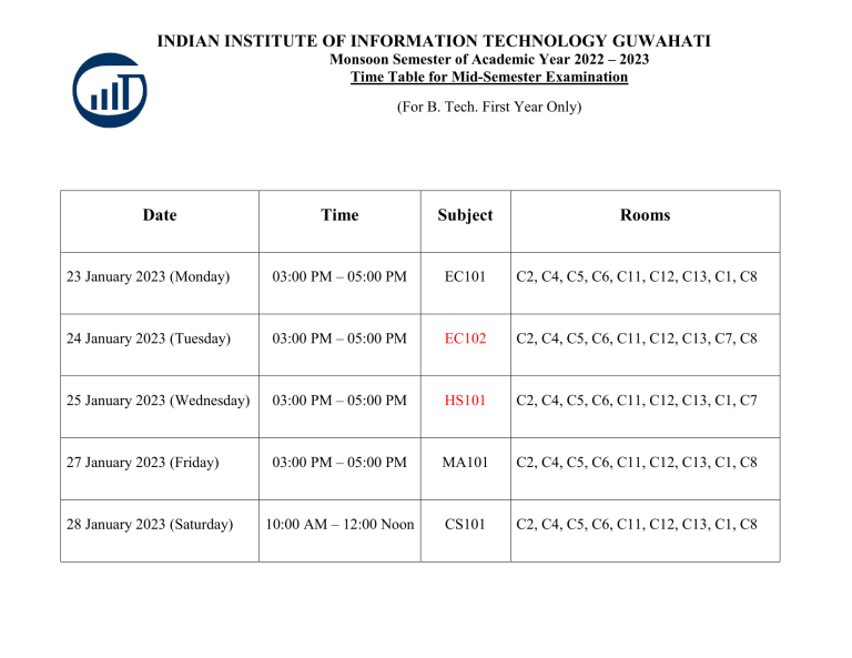 IIIT Guwahati B.Tech Mid-Sem Timetable 2023
